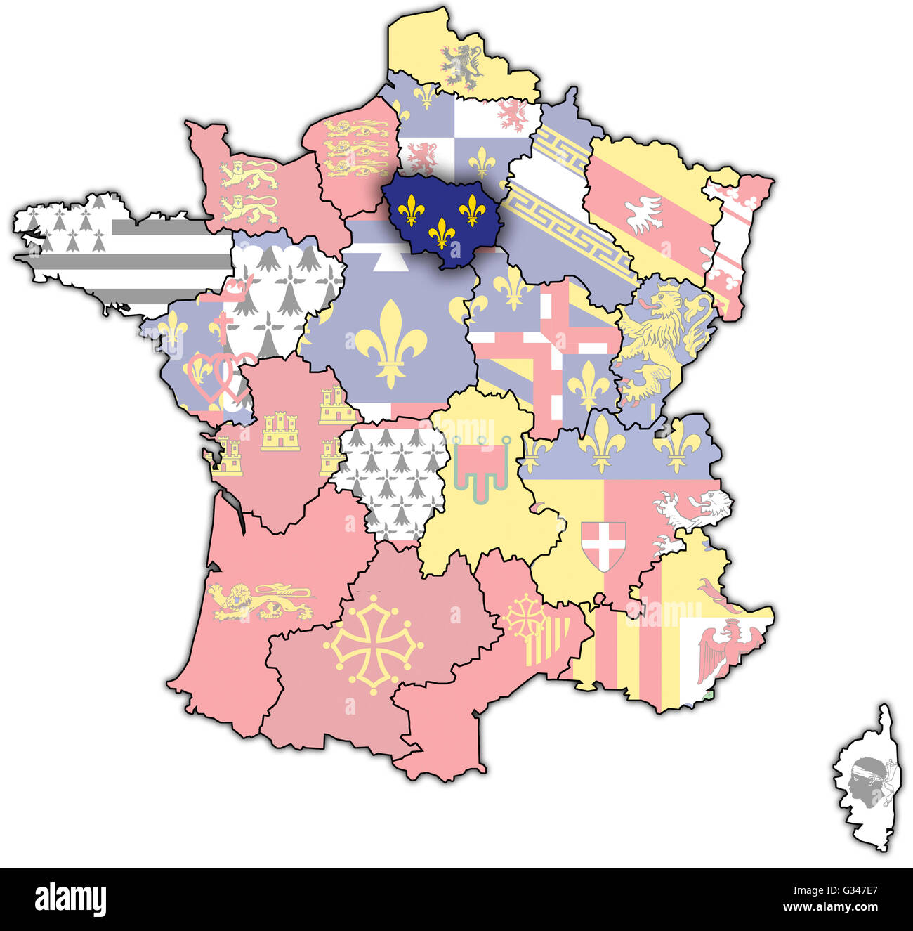 Ile-de-France on old map of france with flags of administrative ...