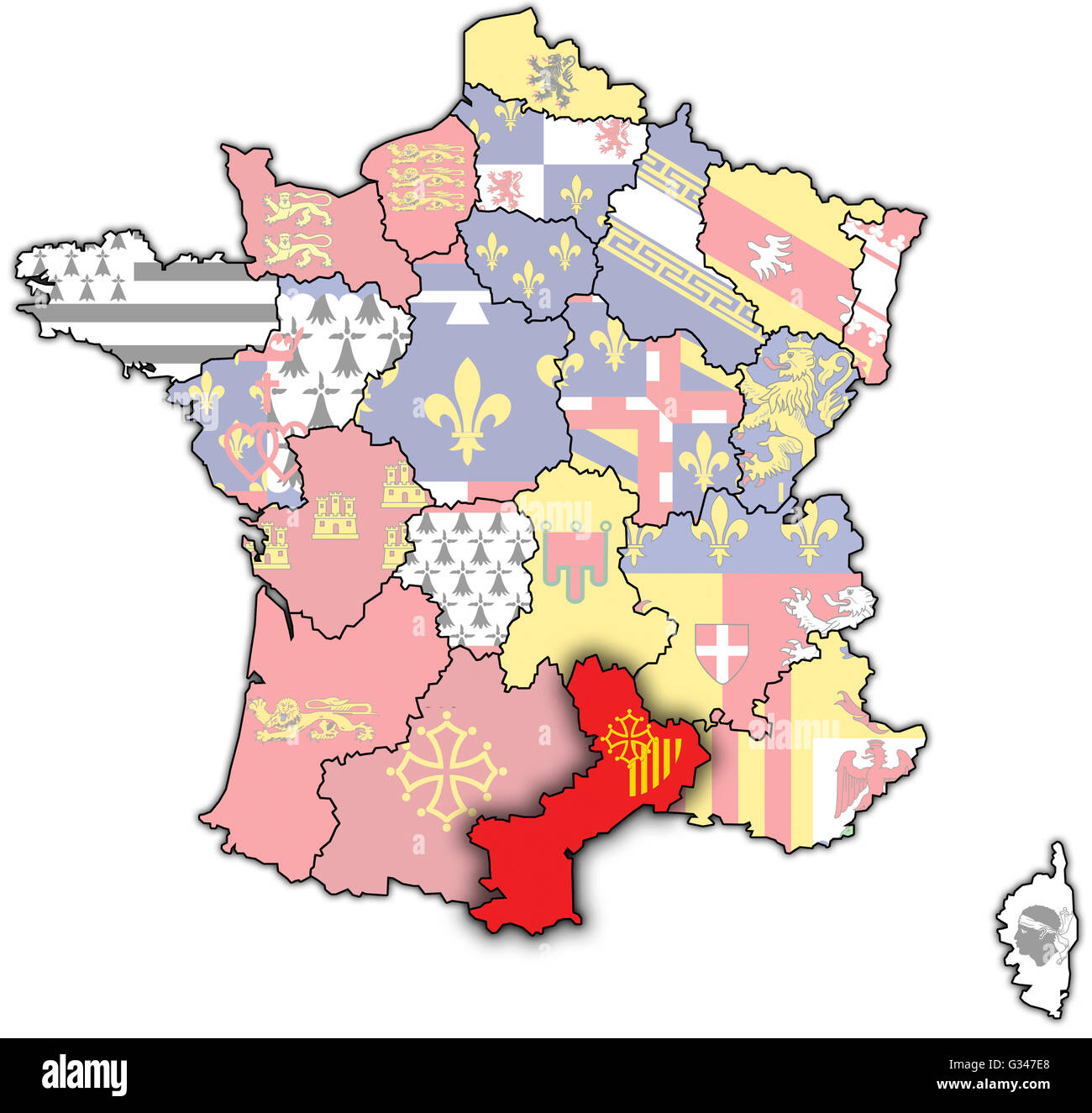 Languedoc-Roussillon on old map of france with flags of administrative ...
