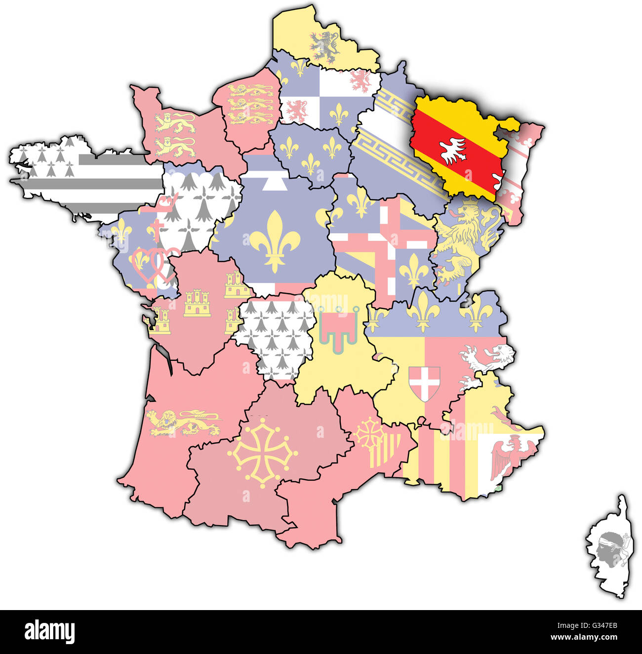 Lorraine on old map of france with flags of administrative divisions ...