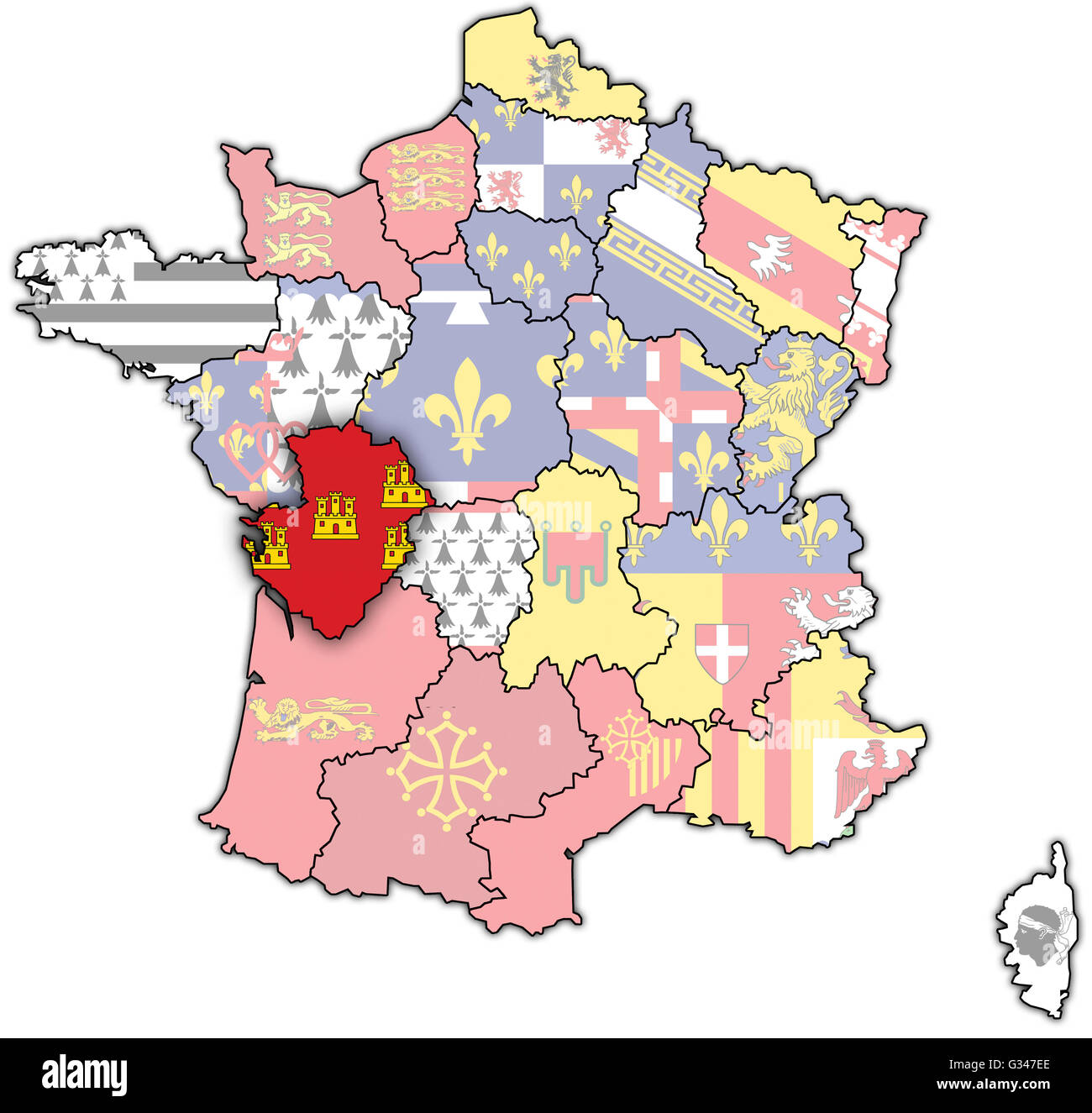 Poitou-Charentes on old map of france with flags of administrative ...