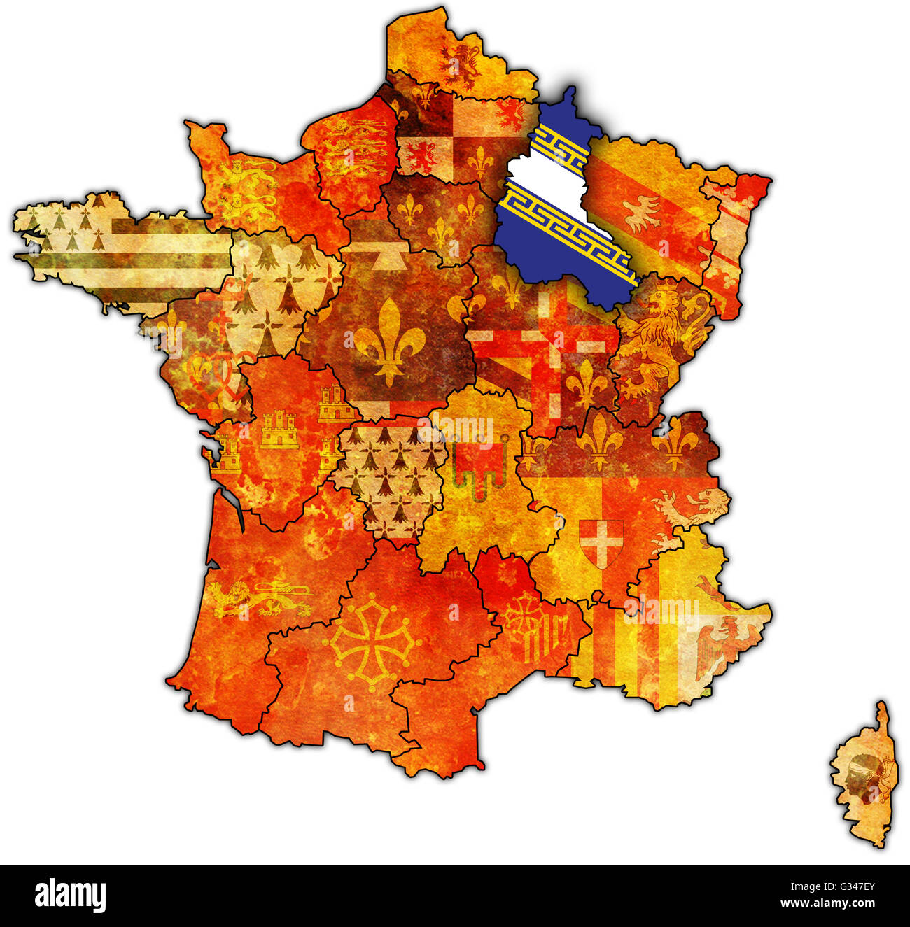 Champagne-Ardenne on old map of france with flags of administrative ...