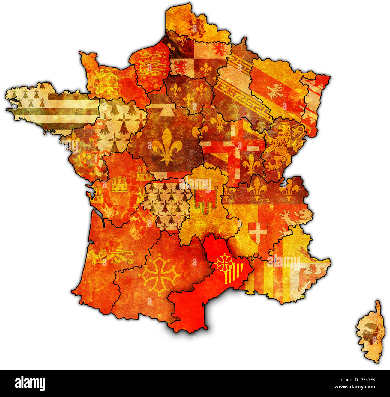 Languedoc-Roussillon on old map of france with flags of administrative ...