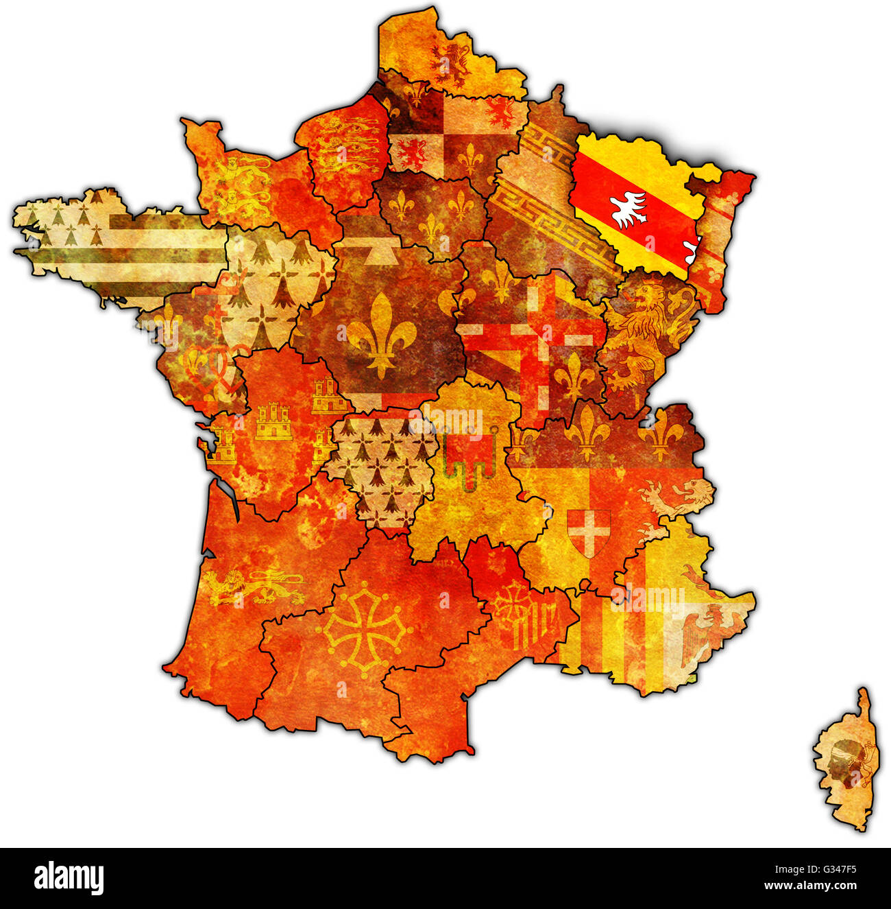 Lorraine on old map of france with flags of administrative divisions ...
