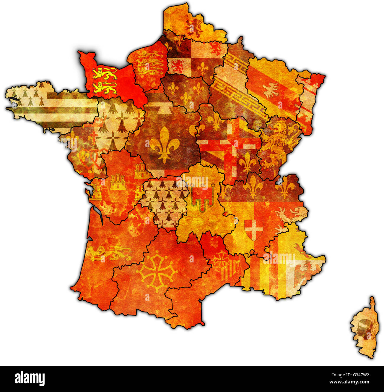 Lower Normandy on old map of france with flags of administrative ...