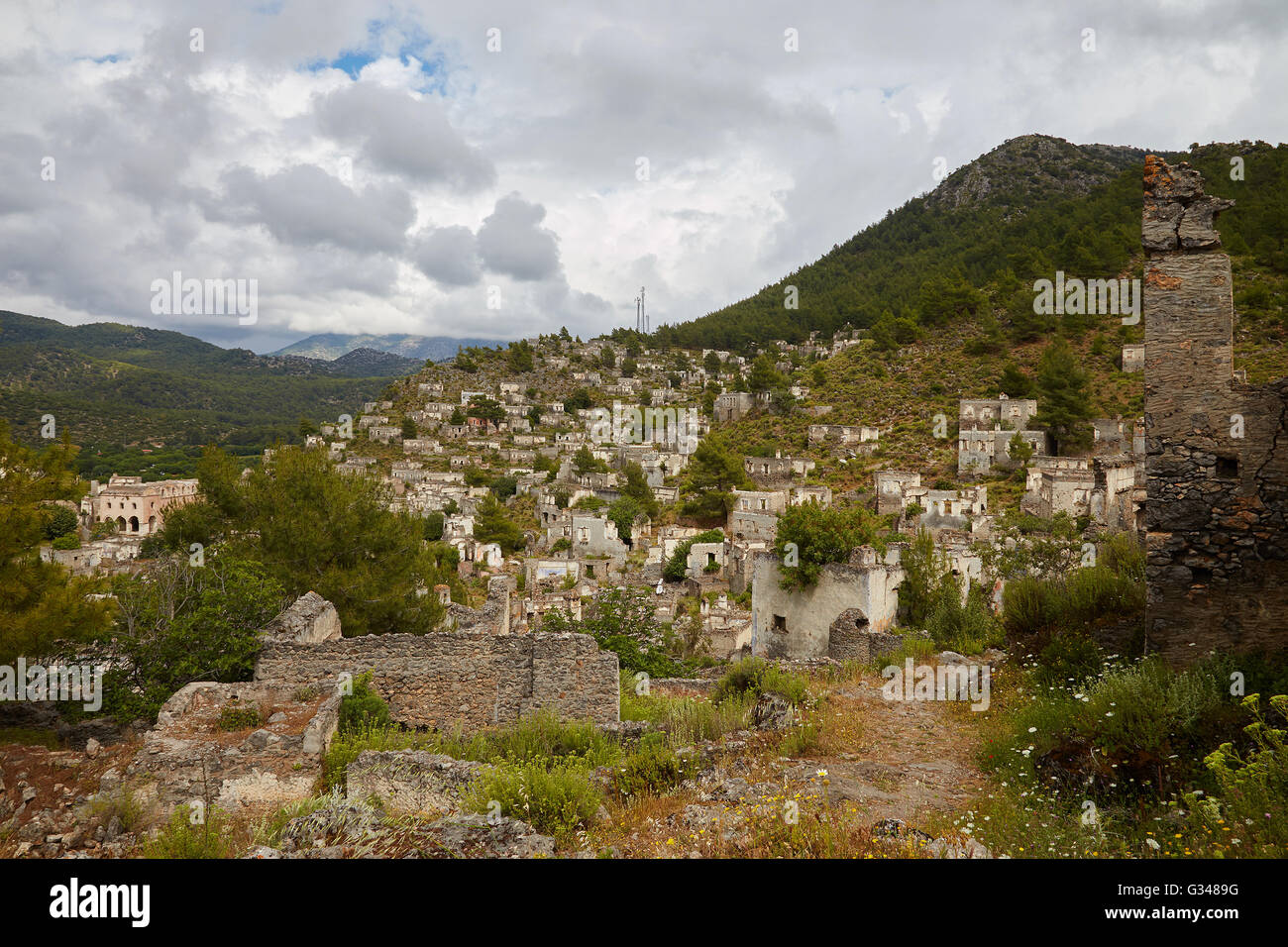 The deserted Turkish "ghost town" village in Kayakoy, Turkey Stock ...