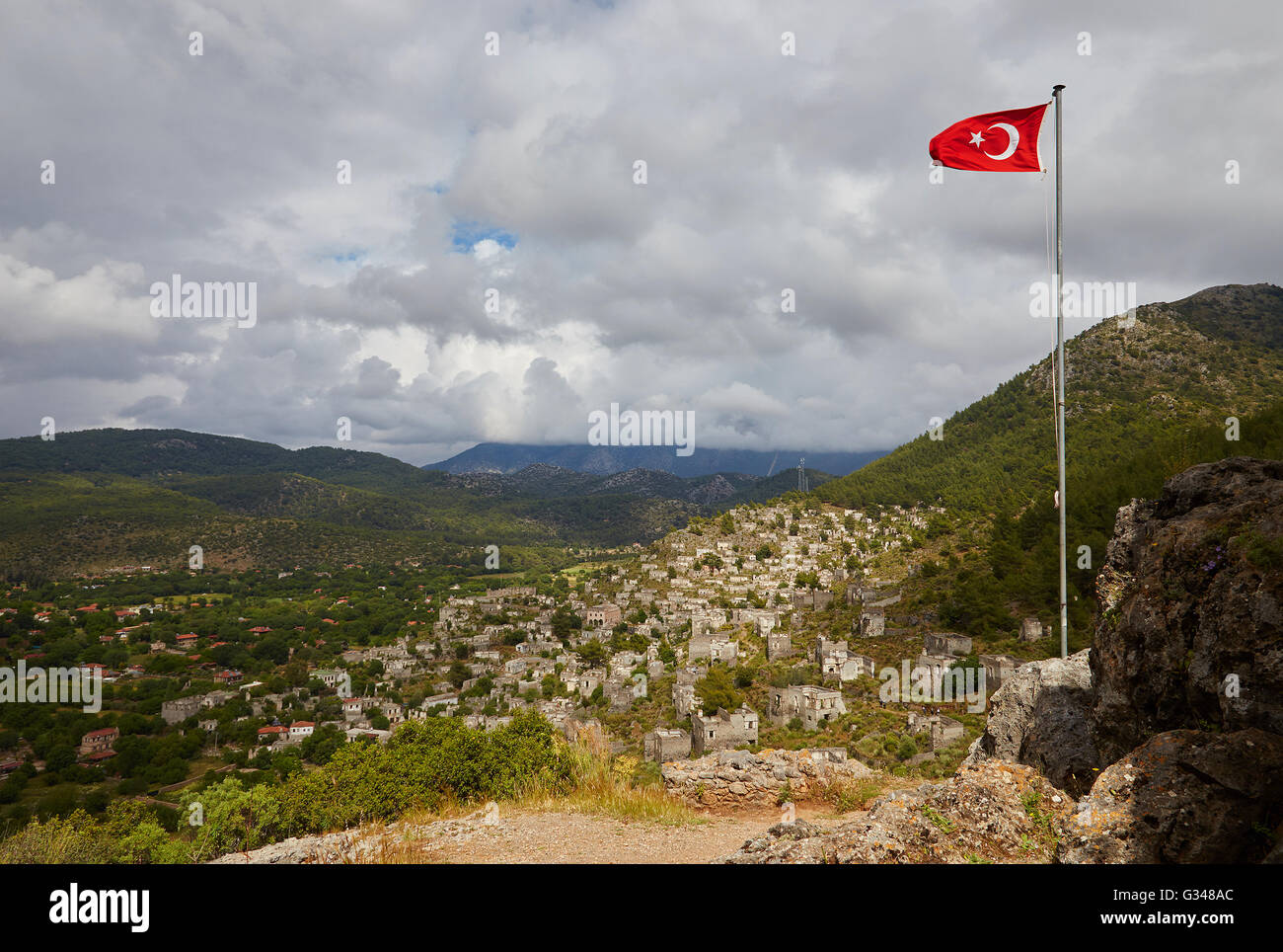 The deserted Turkish "ghost town" village in Kayakoy, Turkey from the ...
