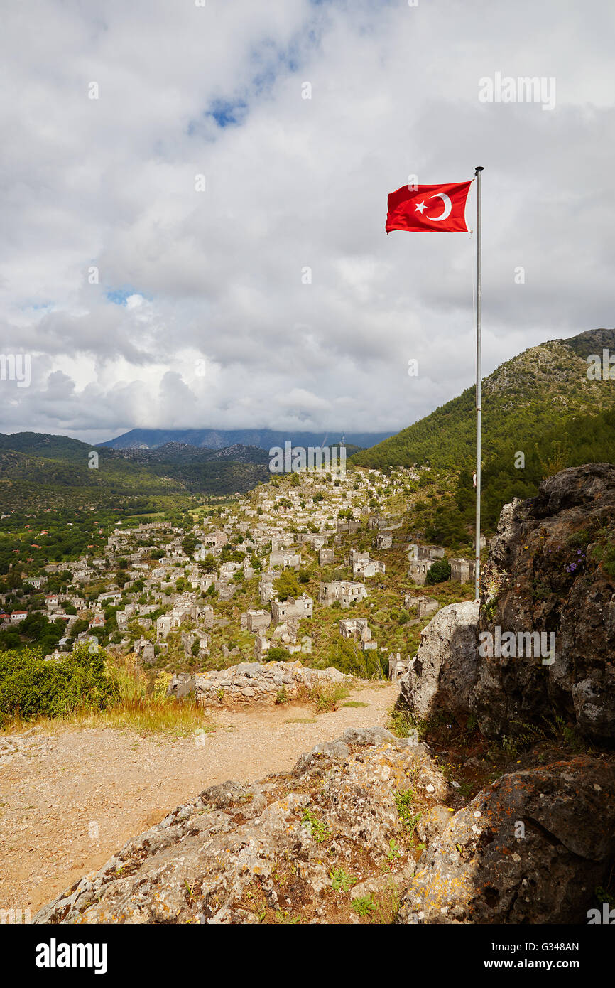 The deserted Turkish "ghost town" village in Kayakoy, Turkey from the ...
