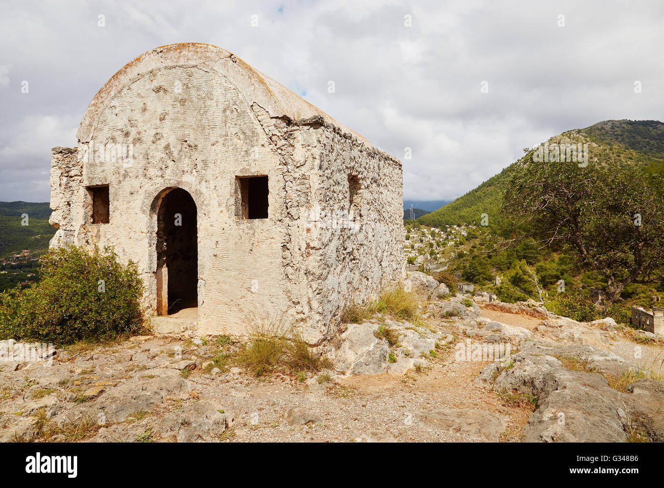 A small church at the top of deserted Turkish "ghost town" village of ...