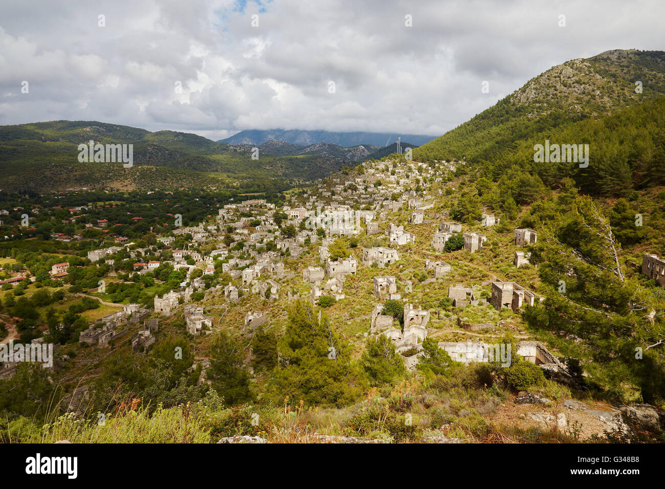 The deserted Turkish "ghost town" village in Kayakoy, Turkey Stock ...