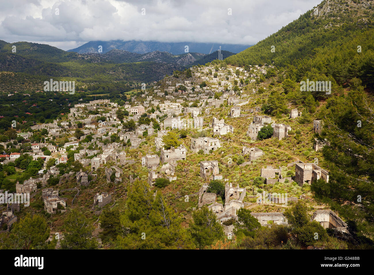 The deserted Turkish "ghost town" village in Kayakoy, Turkey Stock ...