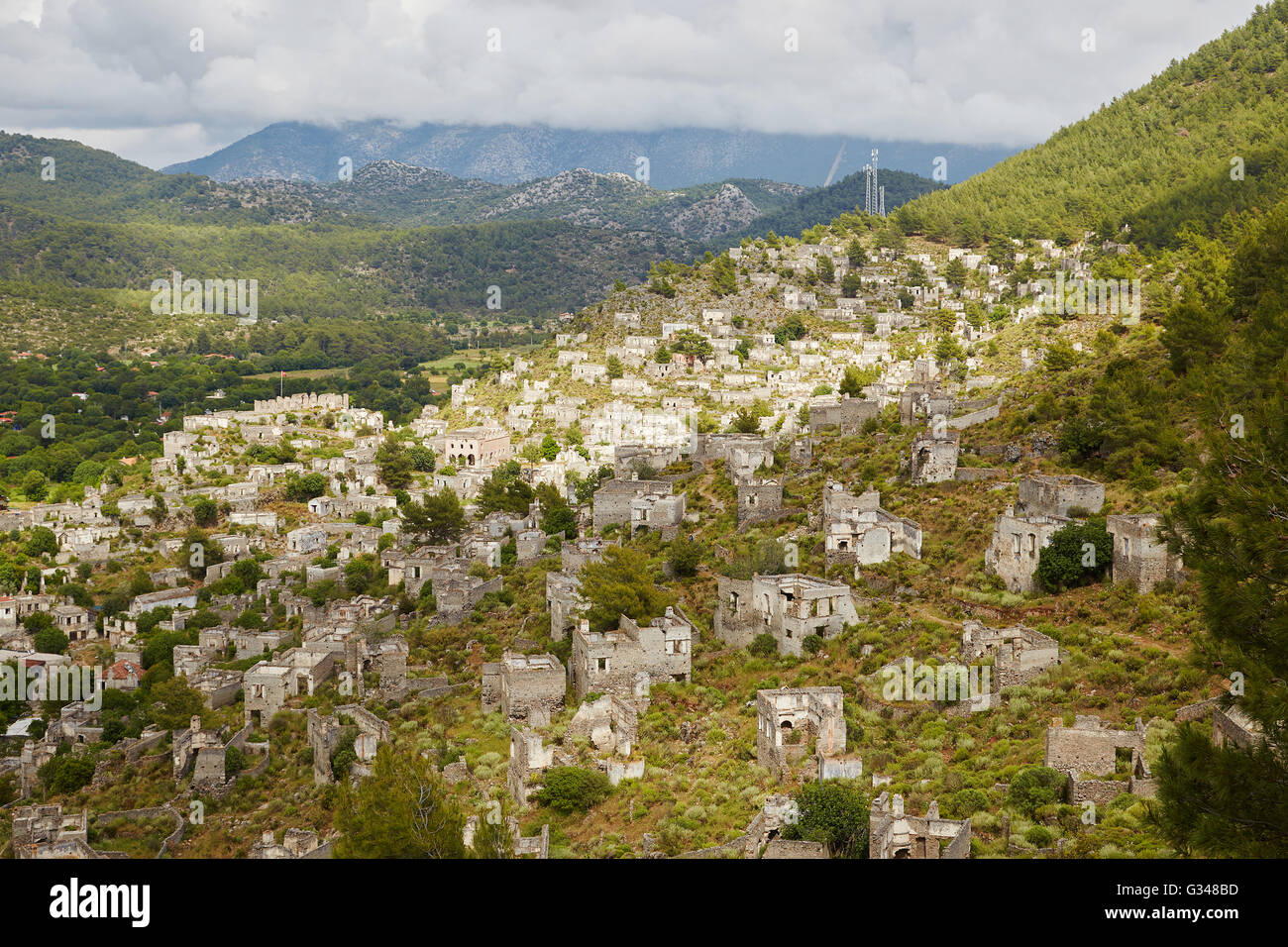 The deserted Turkish "ghost town" village in Kayakoy, Turkey Stock ...