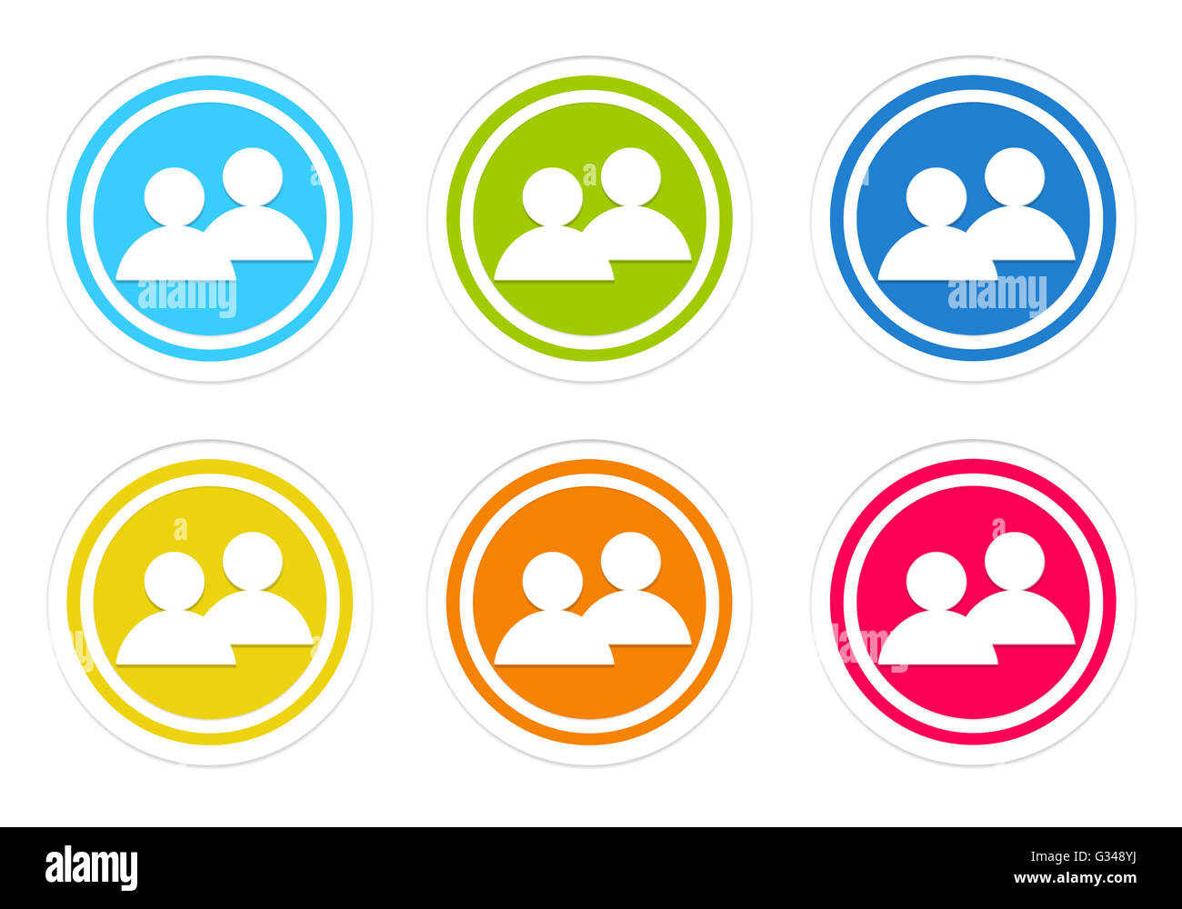 Set of rounded icons with people symbol in blue, green, yellow, orange ...
