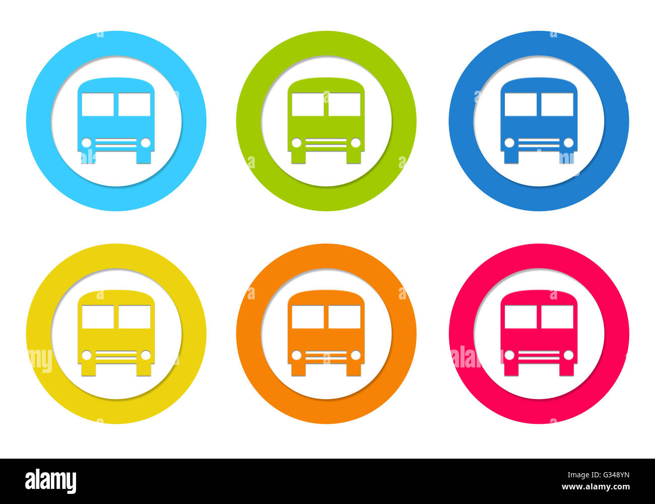 Set of rounded colorful icons with bus symbol in blue, green, yellow ...