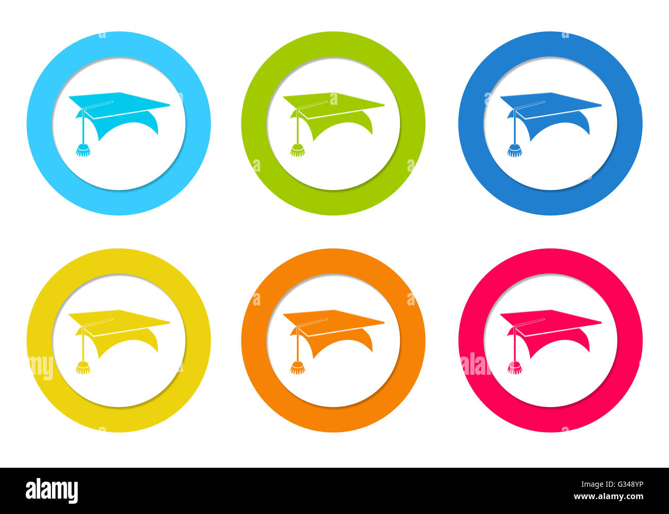 Set of rounded colorful icons with graduation symbol in blue, green ...