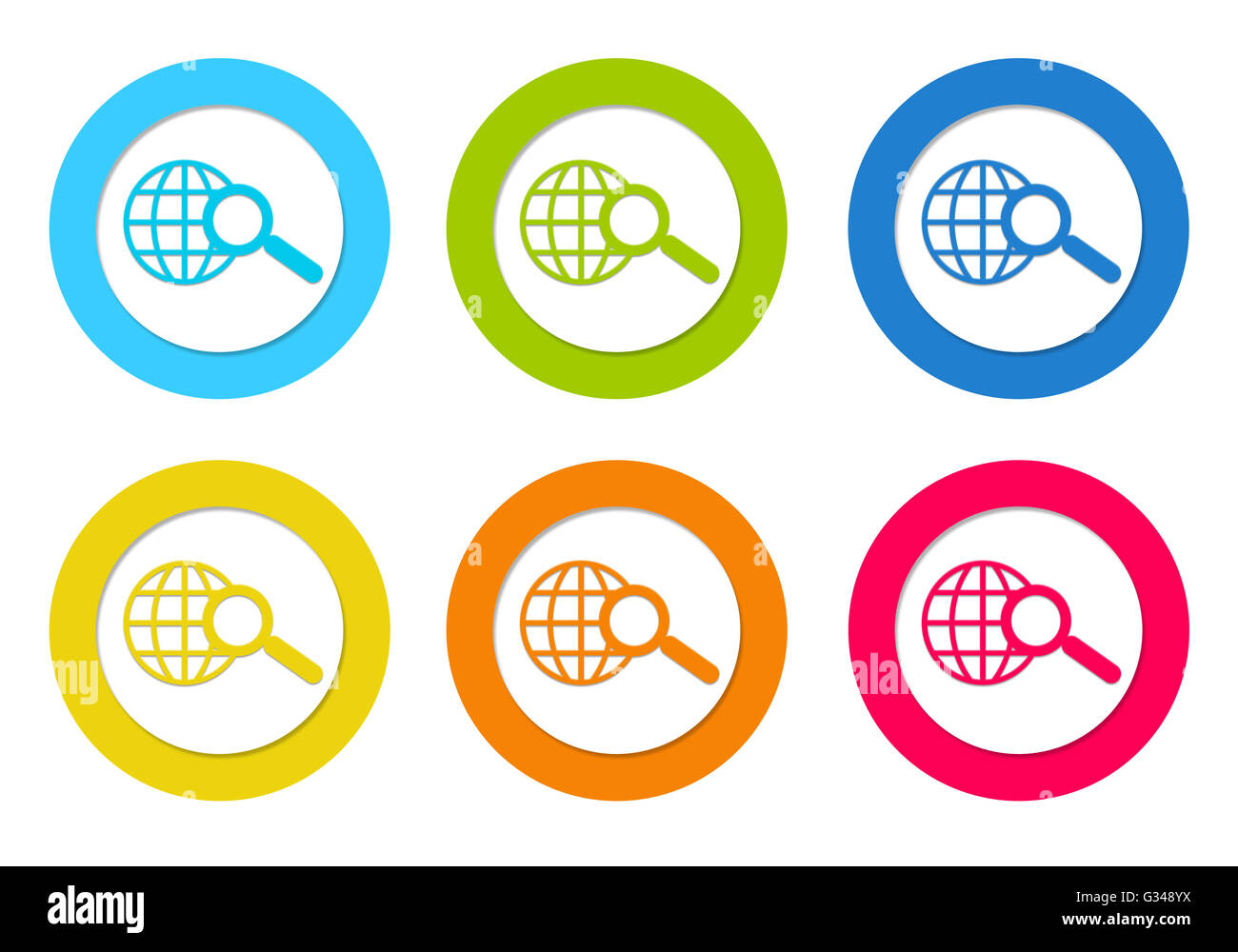Set of rounded colorful icons with search symbol in blue, green, yellow ...