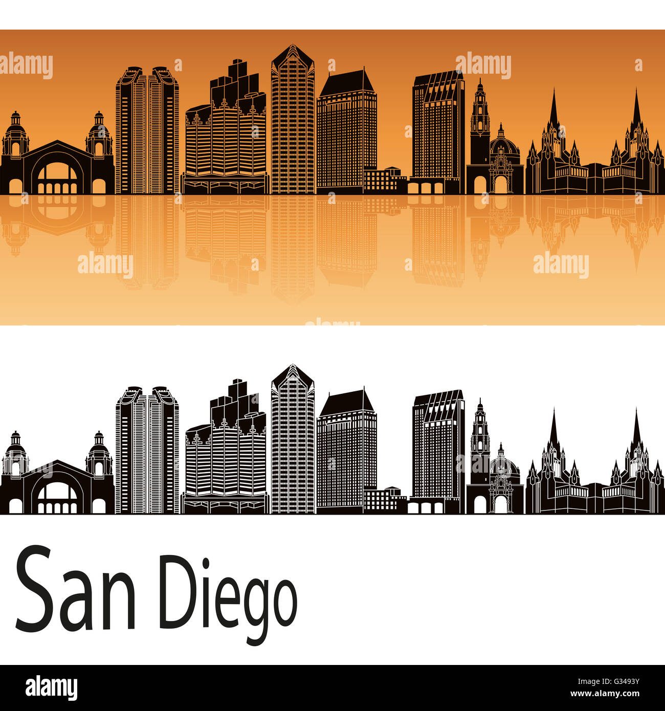 San Diego skyline in orange background in editable vector file Stock ...
