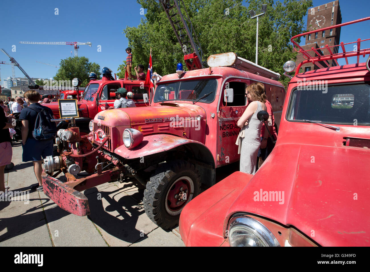 Veteranbrannbiltreff 2016, Veteran Fire engine vehicles meet at Radhusplassen in Oslo, Norway ...