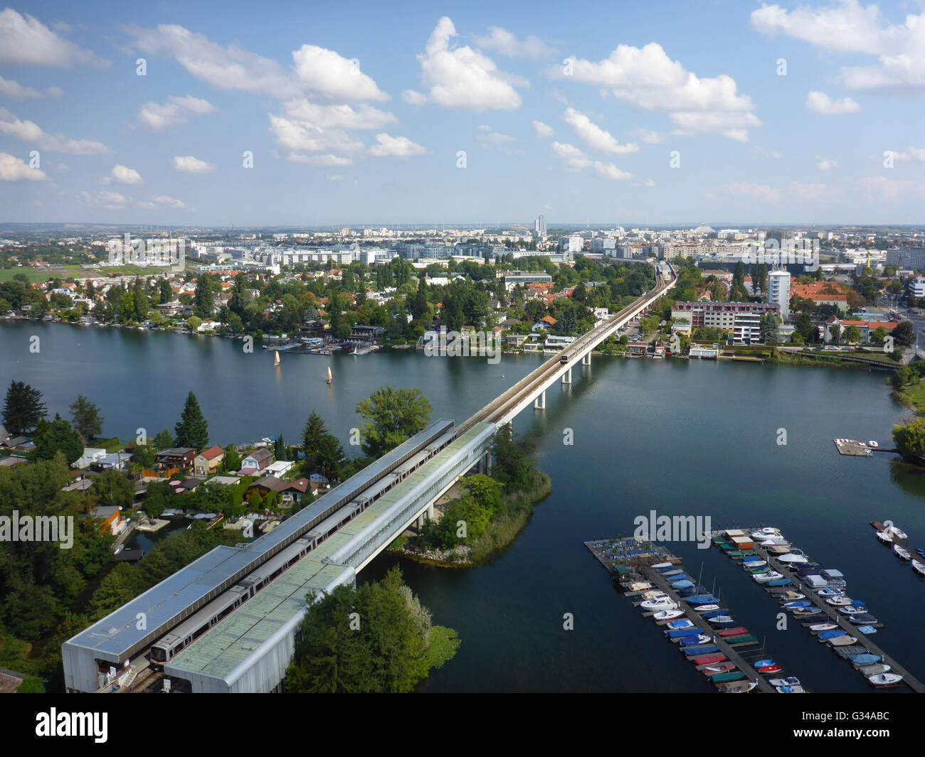 Old Danube with metro station Alte Donau and view to Floridsdorf ...
