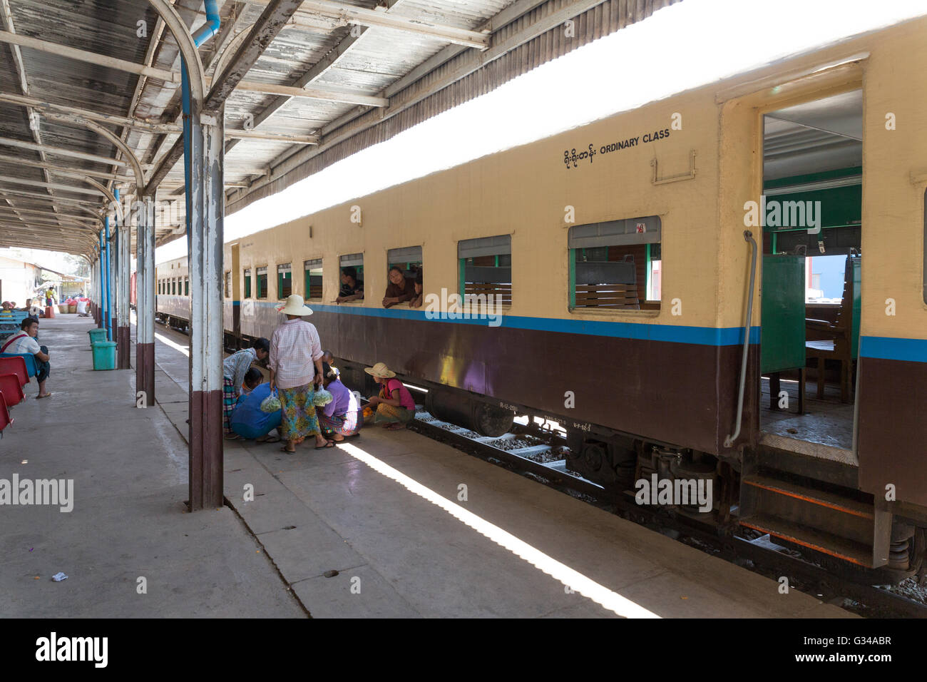 Burmese train station of the old British railway in Myanmar, Burma ...