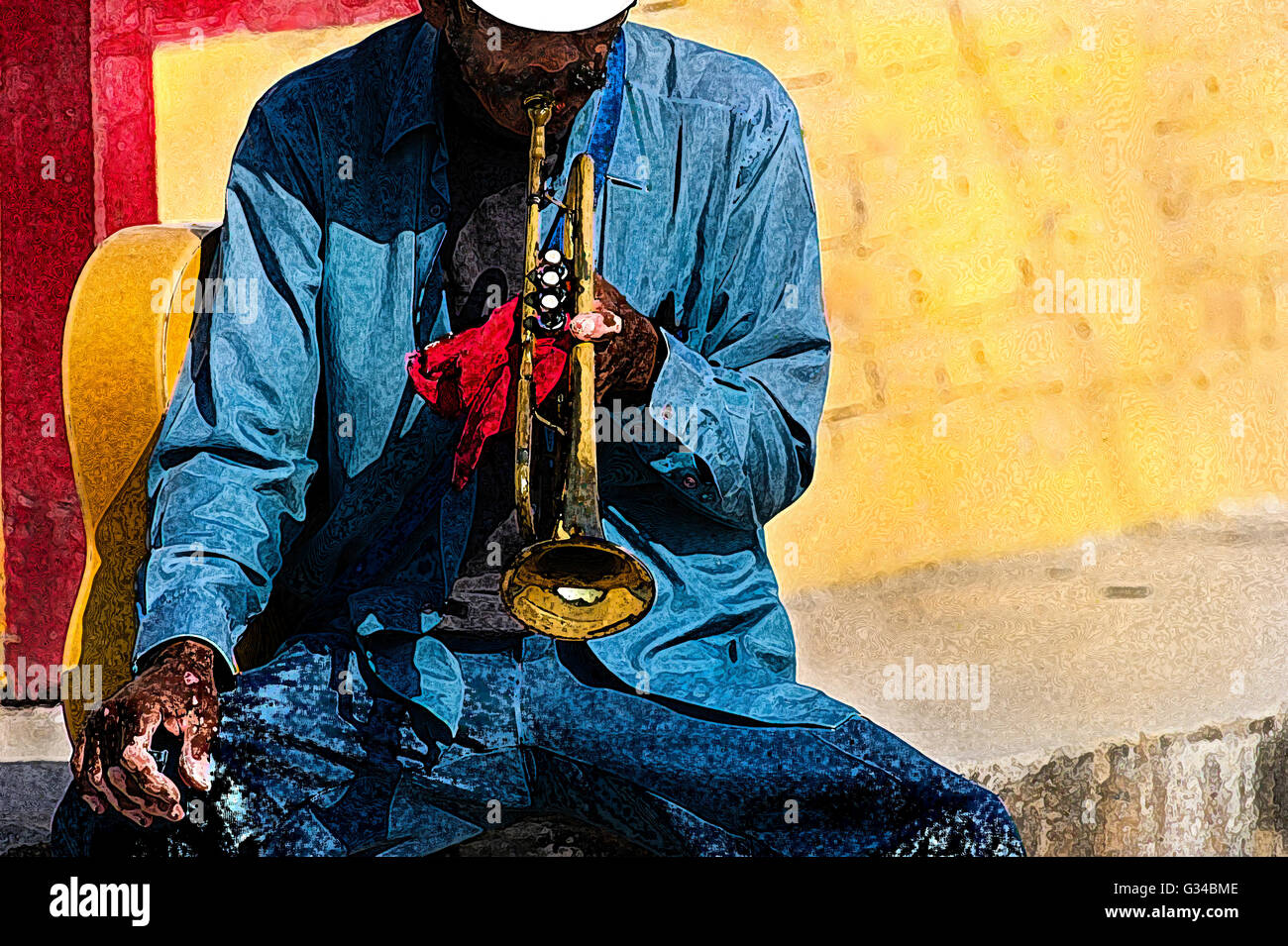Musician trumpet player is a street musician playing blowing on his ...