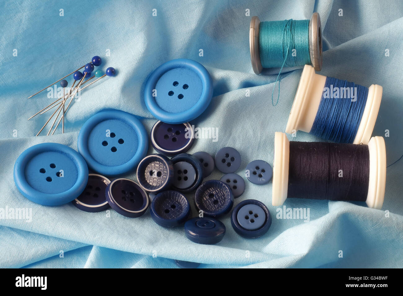 Haberdashery Items Blue Stock Photo - Alamy