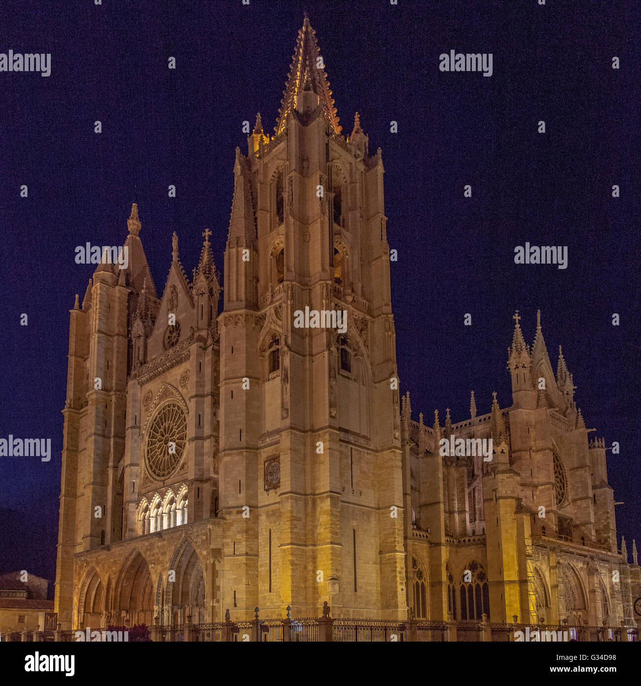 the Historic Gothic style Leon Cathedral in Leon Spain at night ...