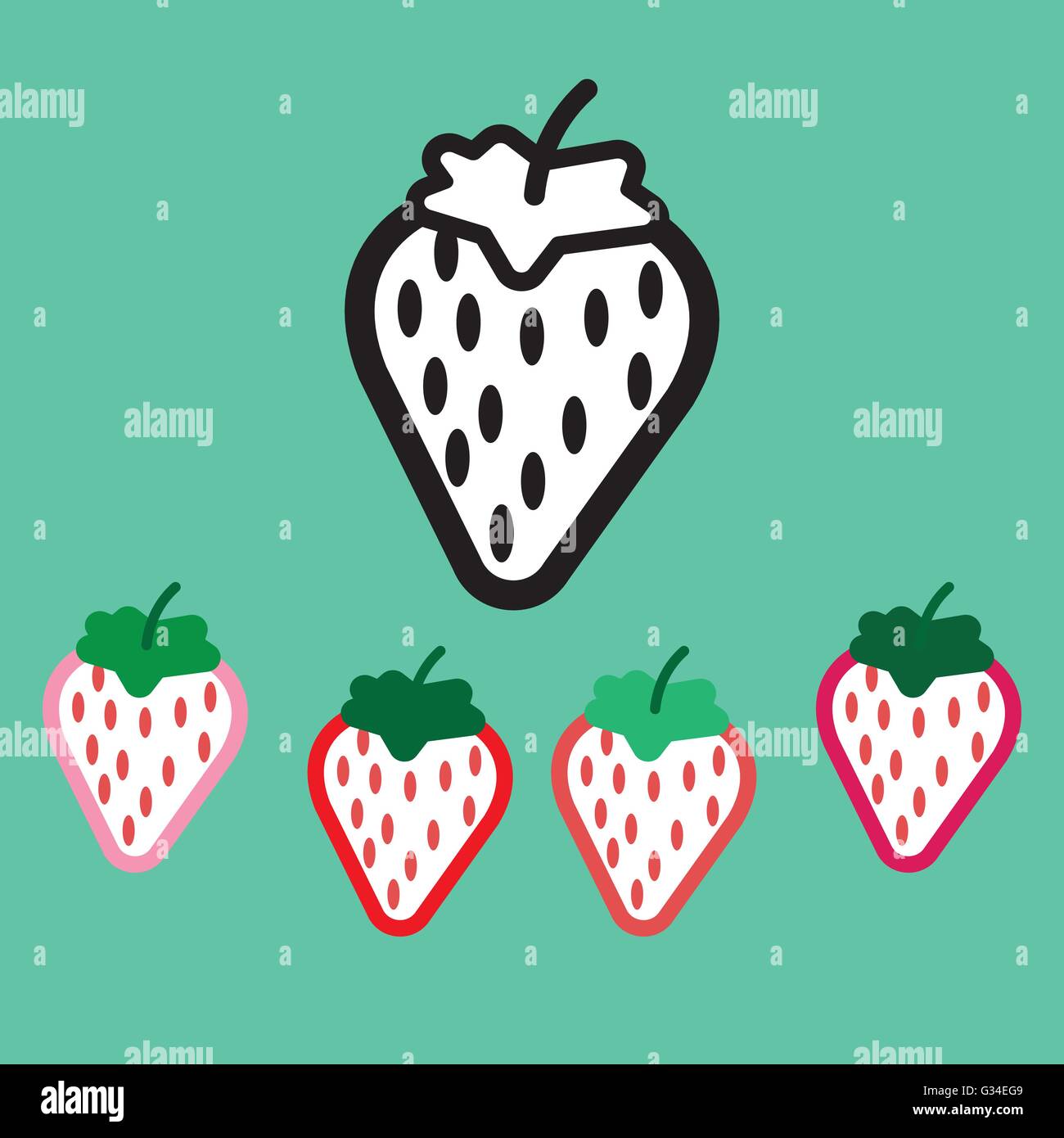 Strawberries with seeds set, in outline, over green background. Pink ...