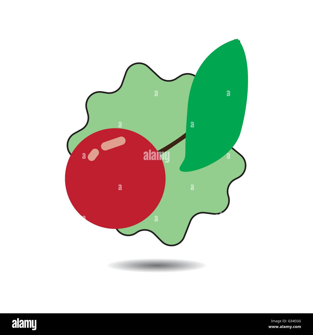 Flat red cherry icon with green leaf, with shadow over white background ...