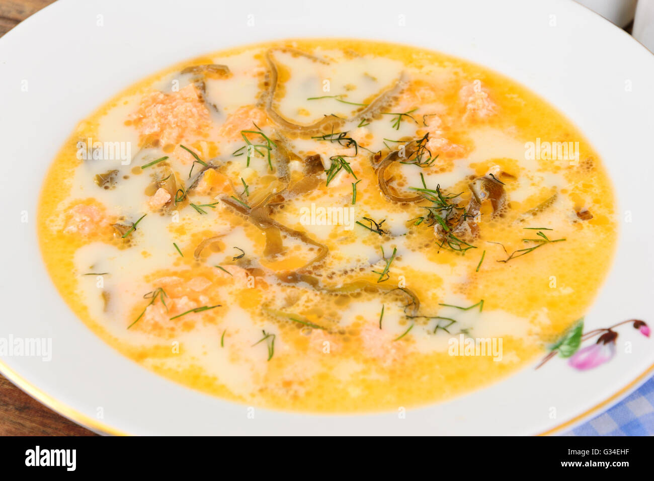 Creamy Fish Soup with Salmon and Seaweed Diet Food Stock Photo - Alamy
