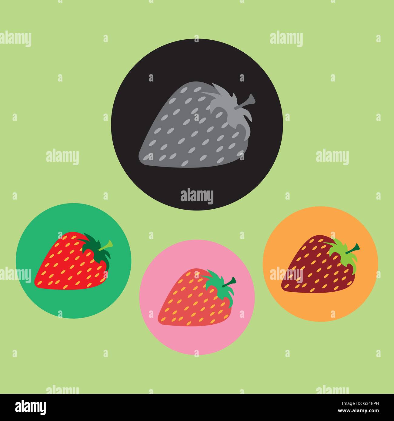 Strawberries with seeds set, in outline, over light green background ...