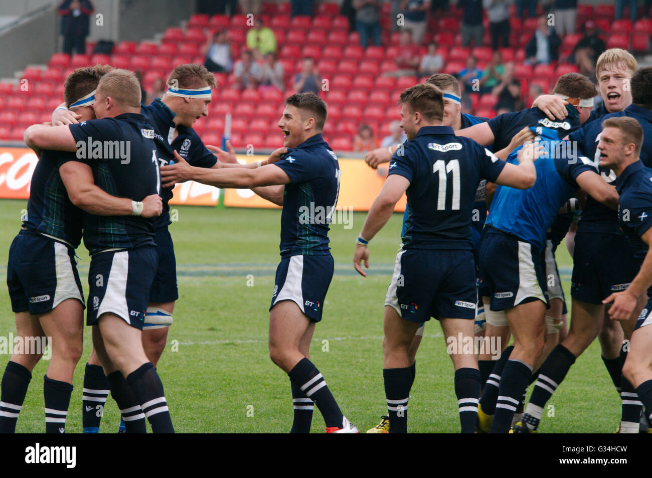 Salford, UK. 7th June, 2016. Scotland players celebrating their win ...