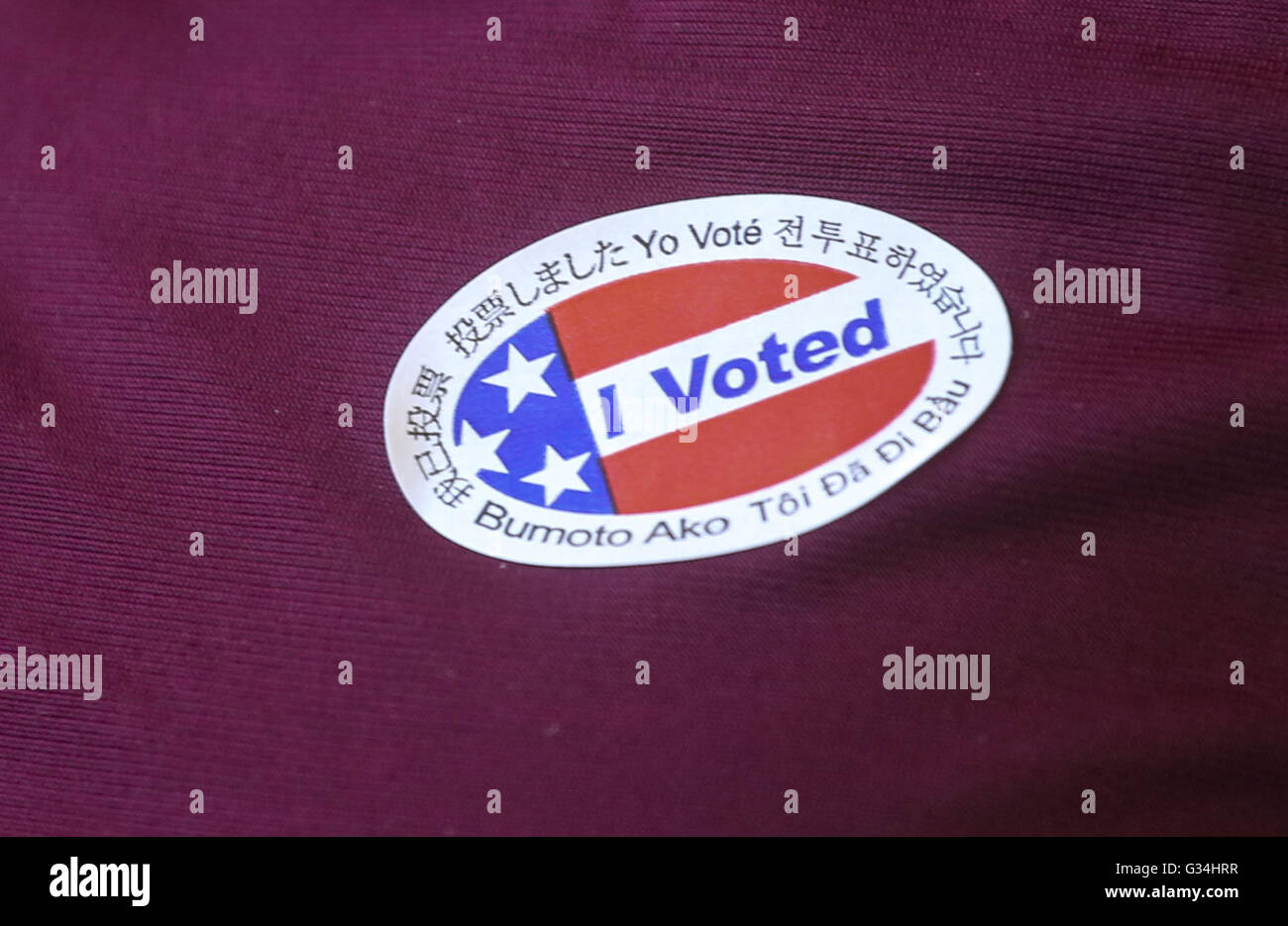 Los Angeles, California, USA. 7th June, 2016. A voter with a label ...