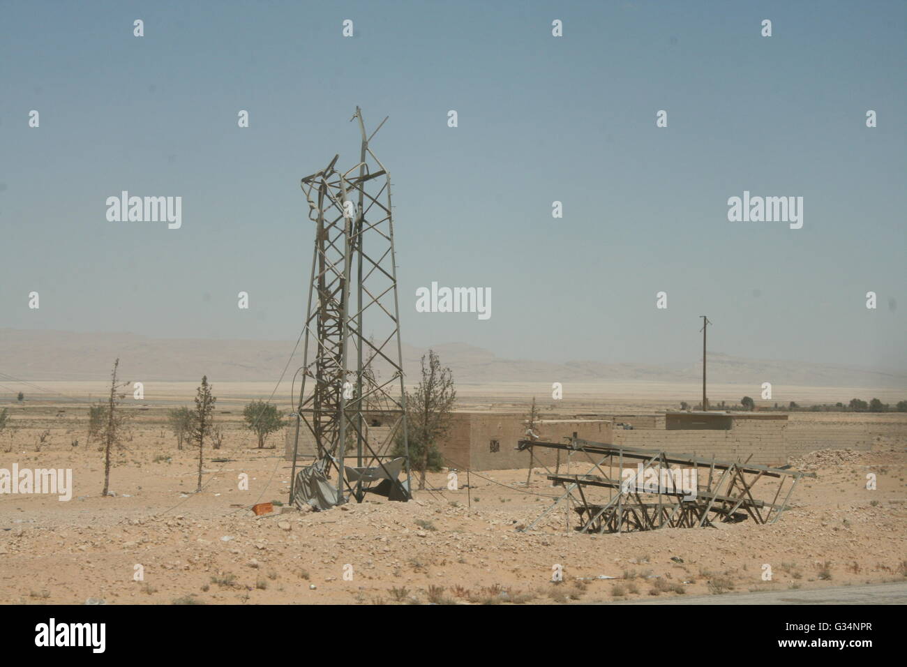 Palmyra, Syria. 05th May, 2016. A power pole destroyed in combat next ...