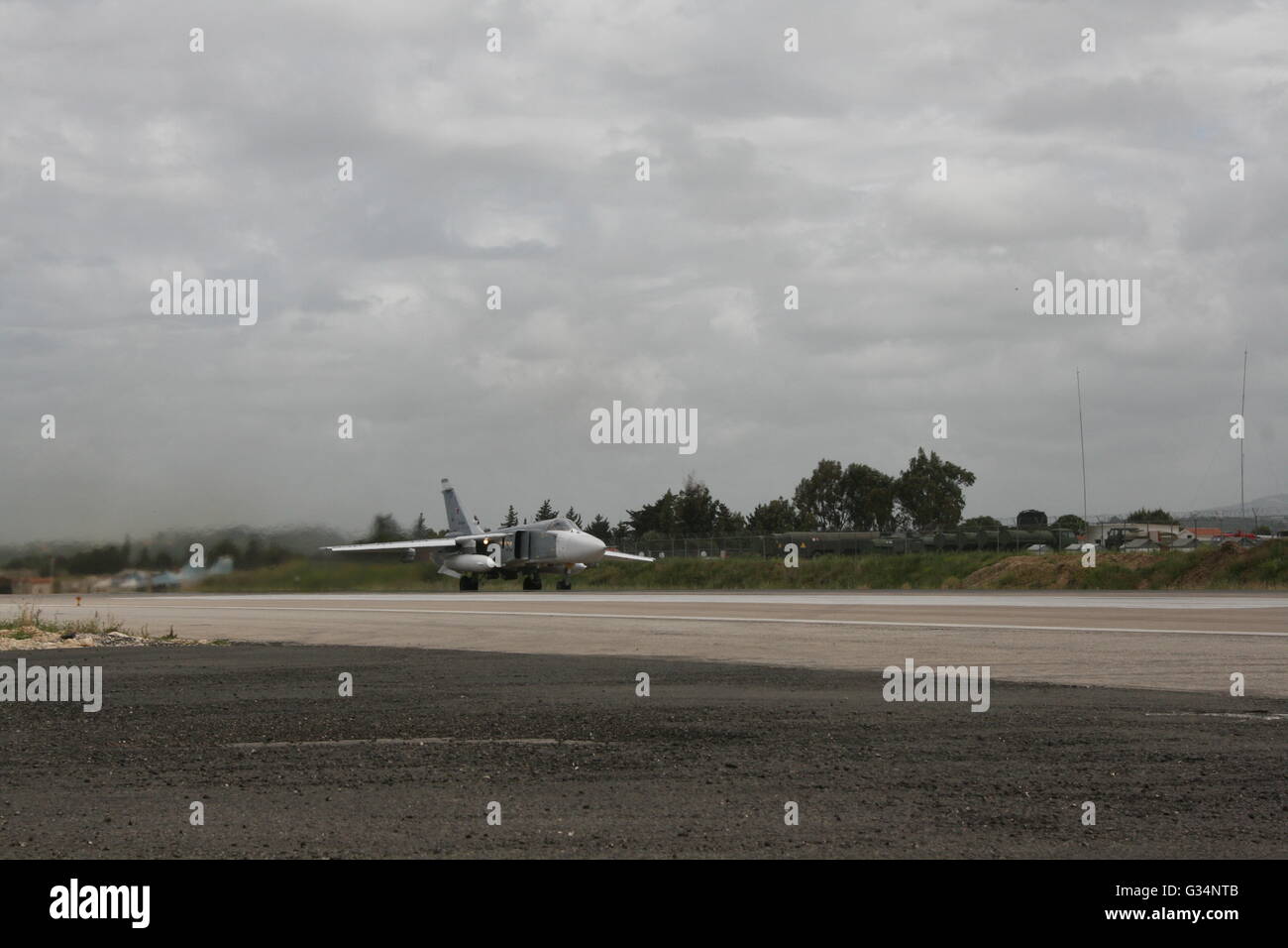 A Russian Suchoi Su-24 heavy bomber takes off for a mission at Hamaimim ...