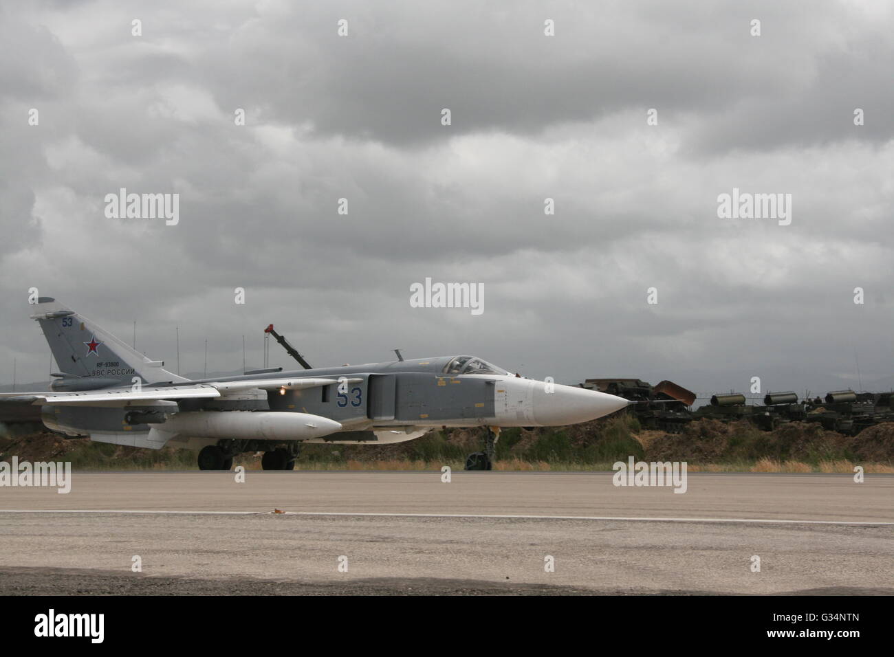 A Russian Suchoi Su-24 heavy bomber takes off for a mission at Hamaimim ...