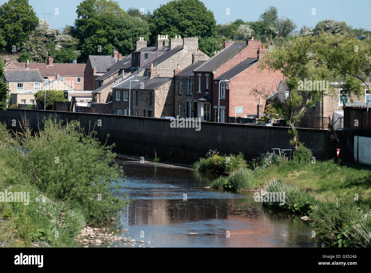 Houses in flood risk area with flood defense wall for protection from ...