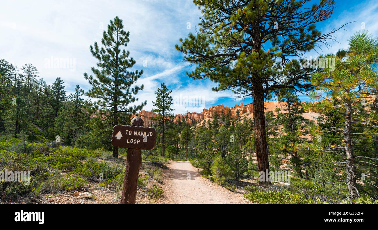 Hiking trail, signpost to Navajo Loop trail, Bryce Canyon National Park ...