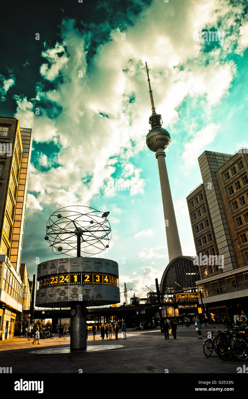 Fernsehturm, television tower and World Clock on Alexanderplatz square ...