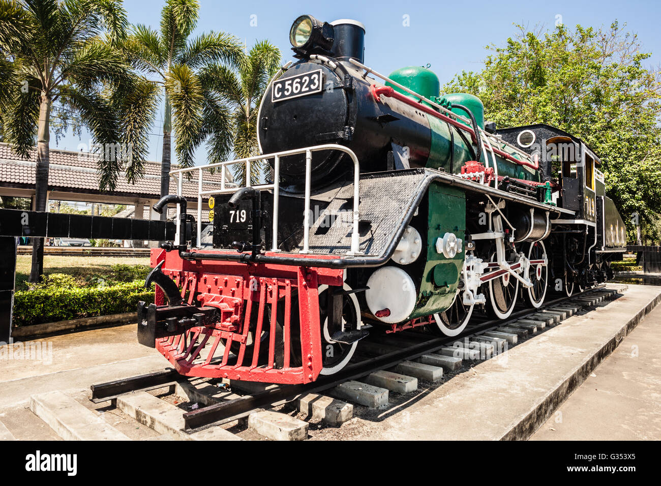 an ancient steam engine locomotive in kanchanaburi, Thailand, near the ...