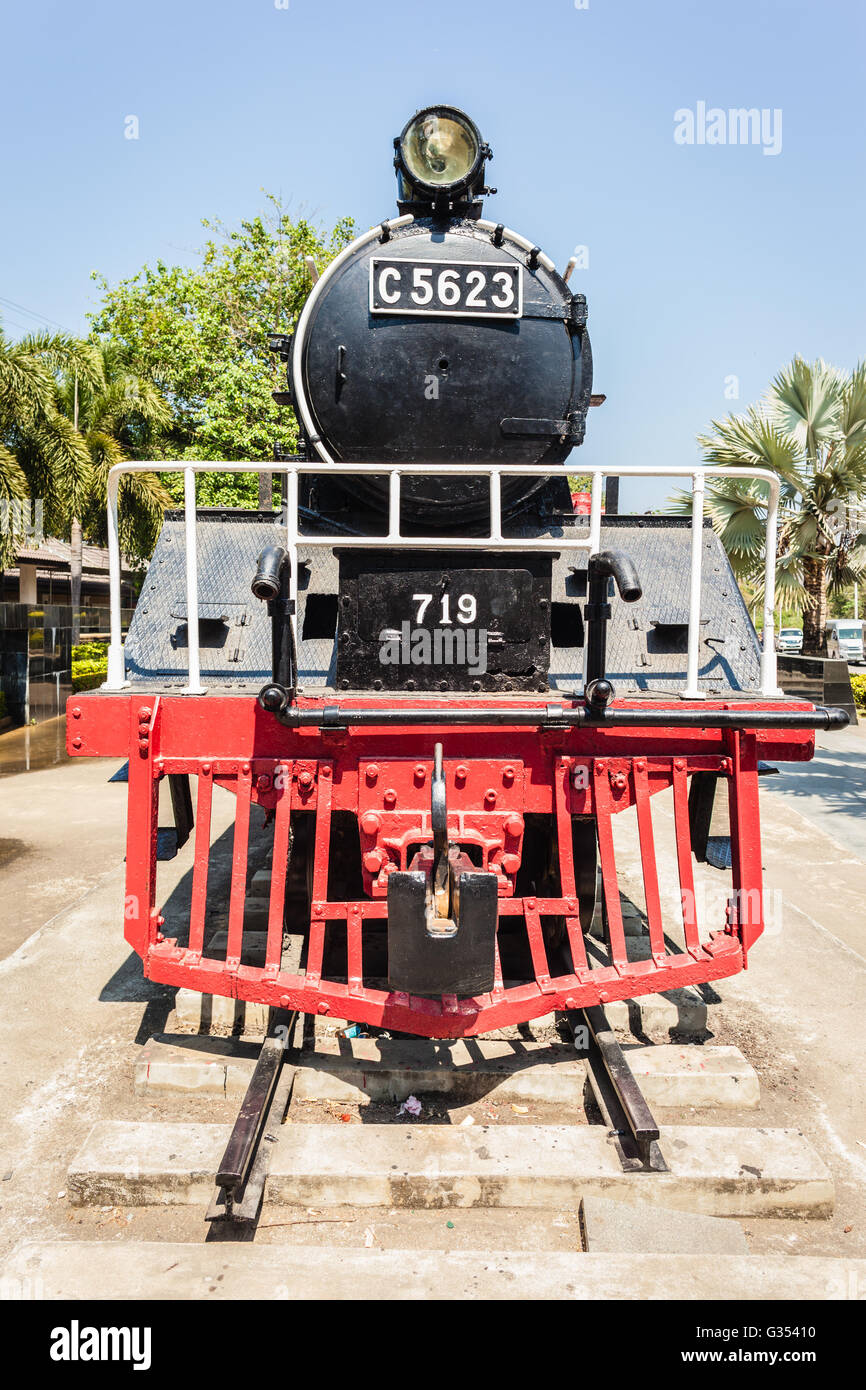 an ancient steam engine locomotive in kanchanaburi, Thailand, near the ...