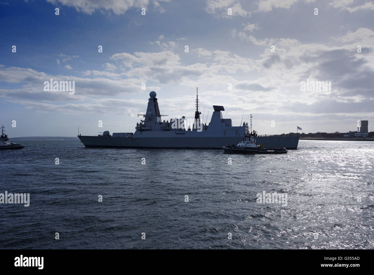 HMS Duncan Type 45 destroyer leaving Portsmouth harbour in Hampshire ...