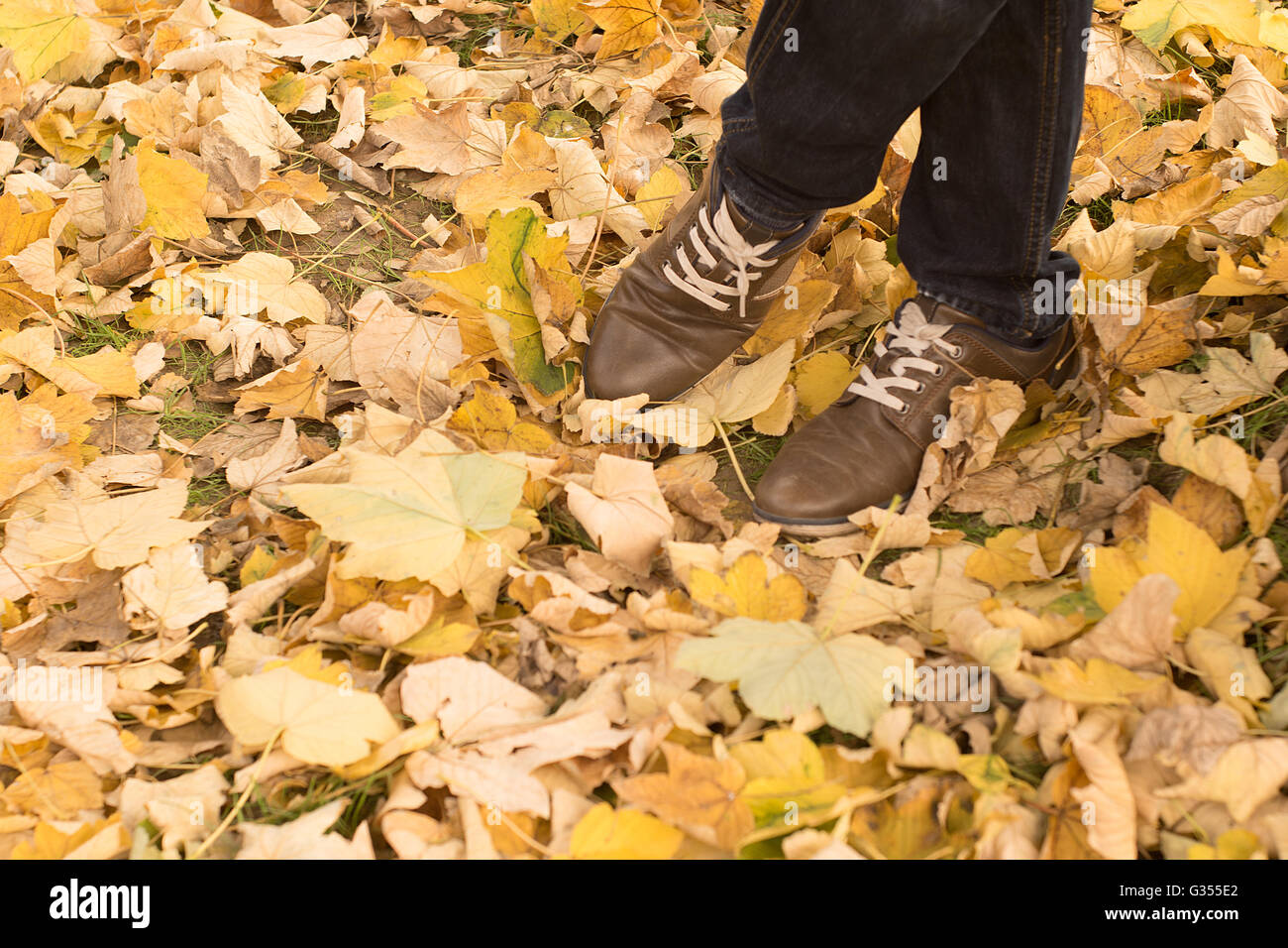 Fall, autumn, leaves, legs and shoes. Conceptual image of legs in boots ...