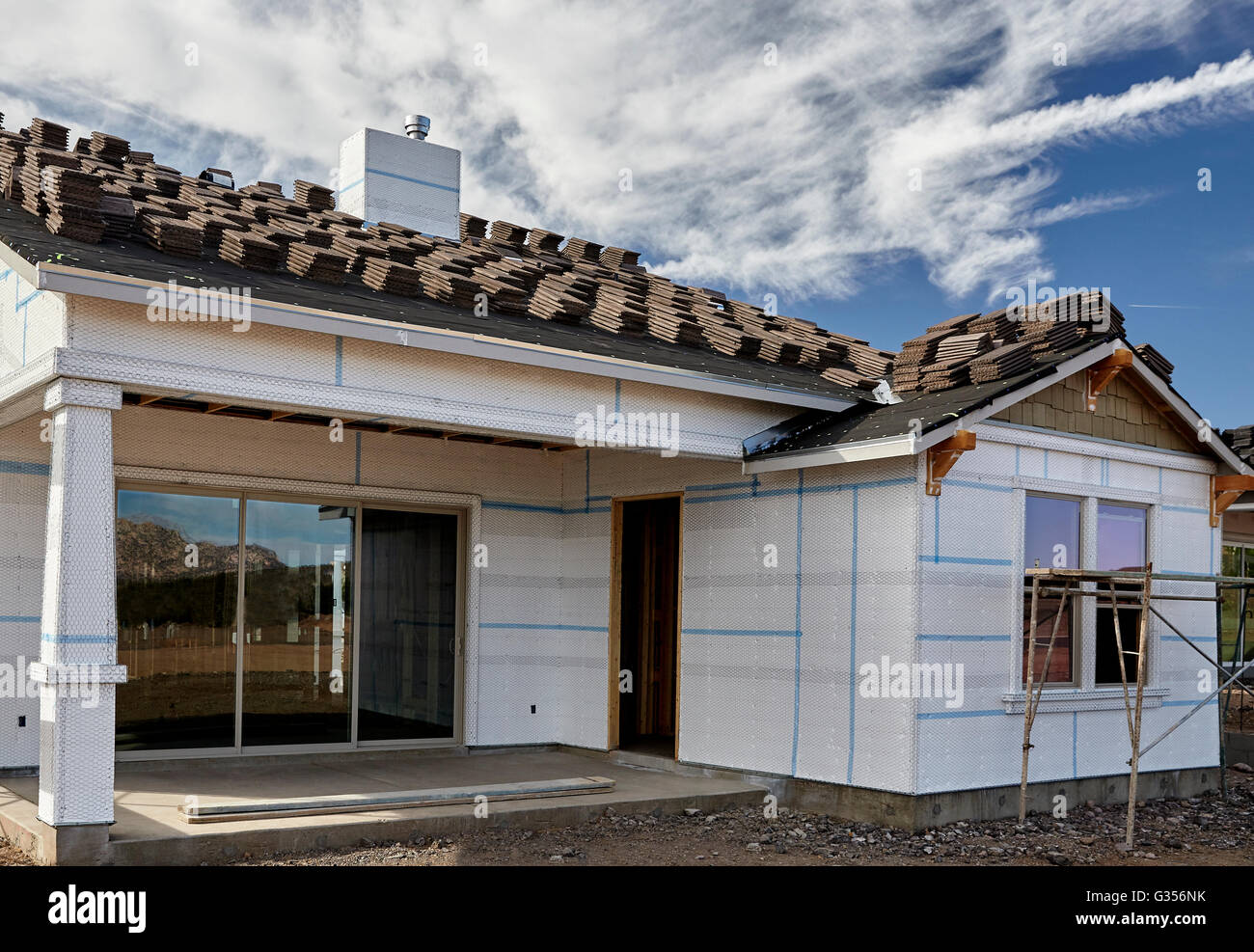 Home building industry house rear patio overhang ready for stucco and ...