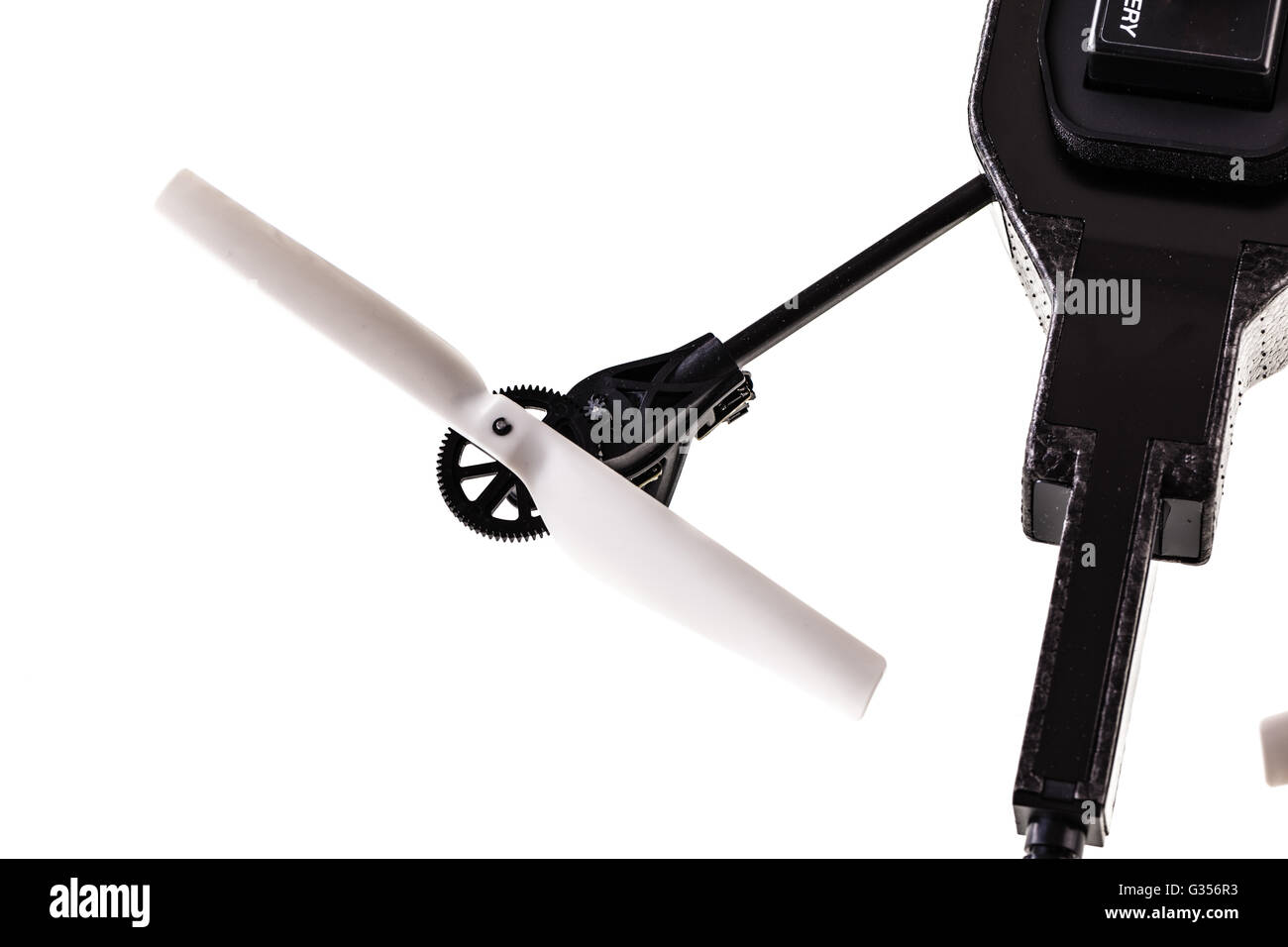 detail shot of the propeller rotor of a quad copter spy drone isolated ...
