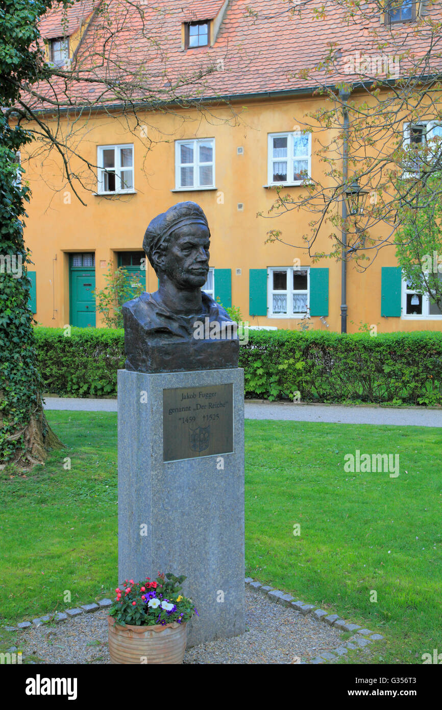 Germany, Bavaria, Augsburg, Fuggerei, Jakob Fugger statue Stock Photo ...