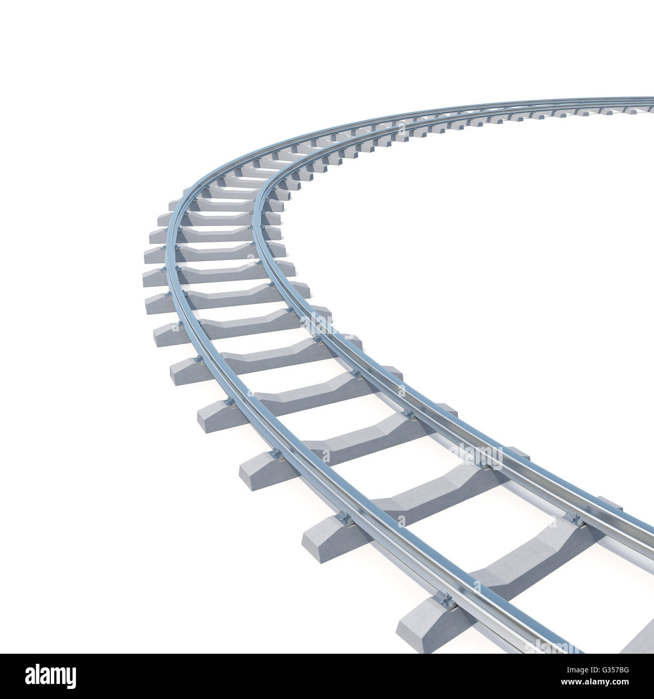 Curved, bend railroad track isolated on white background. 3d ...