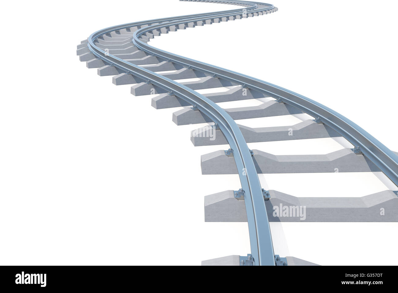 Curved, bend railroad track isolated on white background. 3d ...