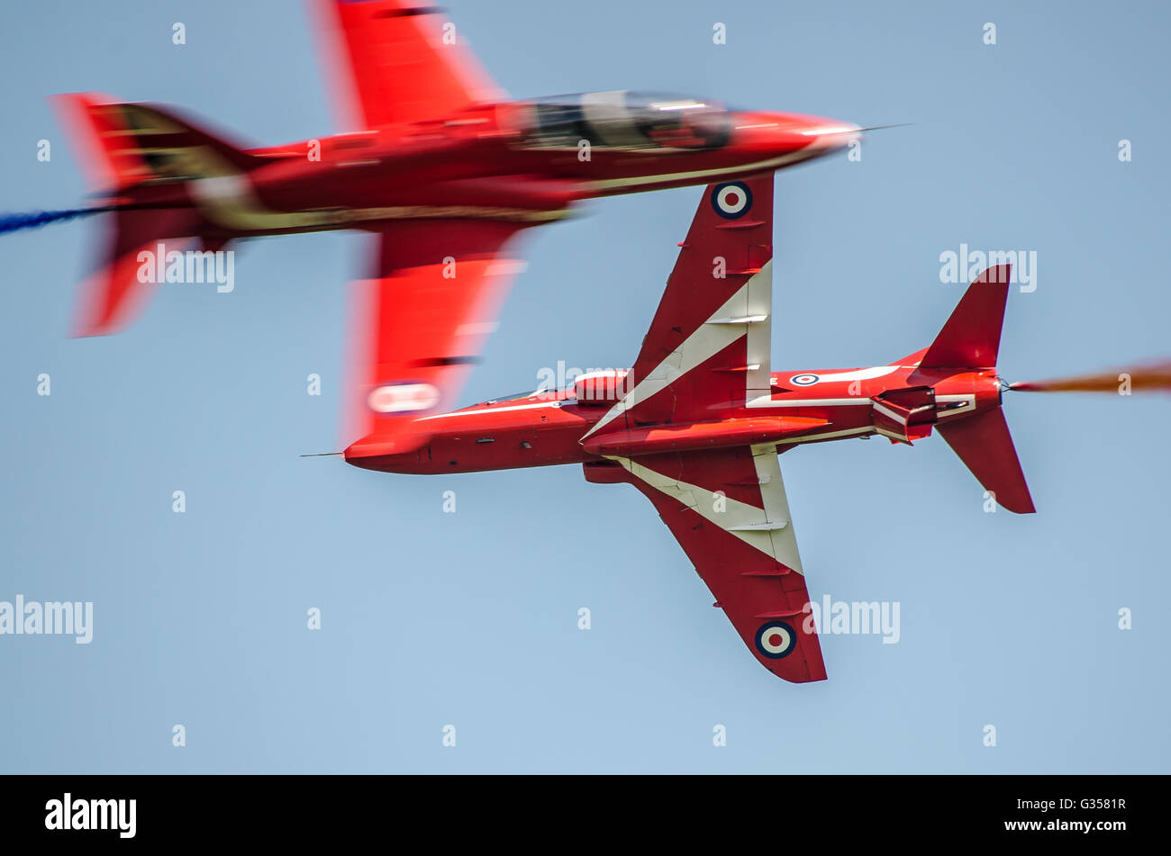 Red Arrows. The RAF aerobatic display team the Red Arrows performing their opposition pass at an ...