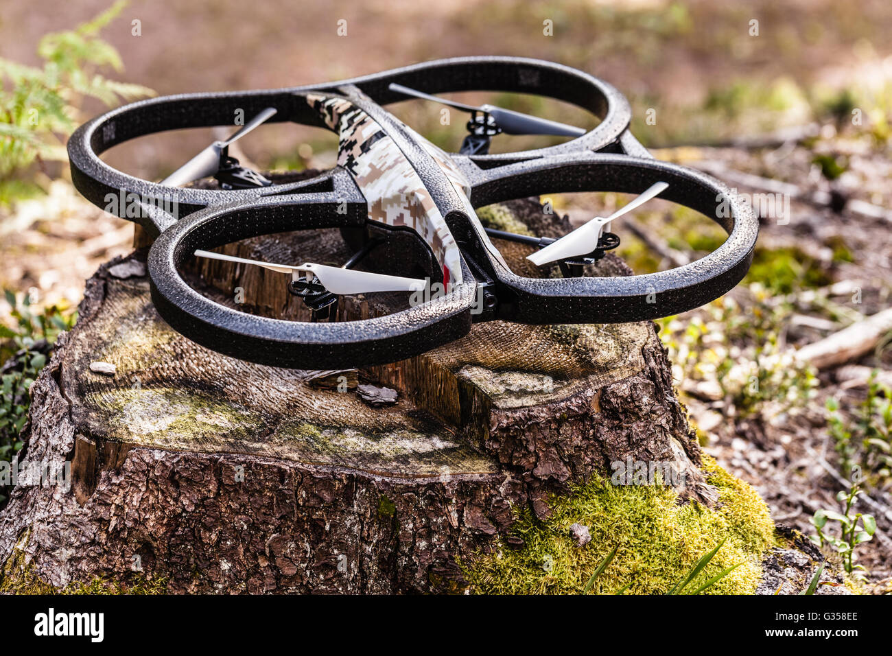 a small spy quad copter drone over a tree stump ready to take off Stock ...