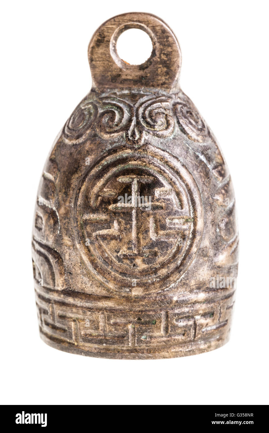 an ancient chinese religious bell isolated over a white background ...